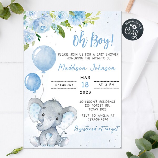 Elephant Baby Blue Baby Shower Invitation - Etsy