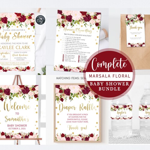 Pink Burgundy Floral Baby Shower Game BUNDLE Six Printable - Etsy
