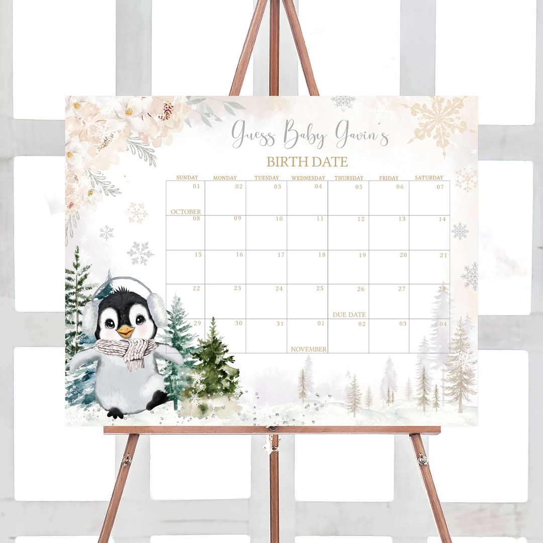 Editable Winter Penguin Baby Shower Due Date Calendar, Arctic Penguin ...