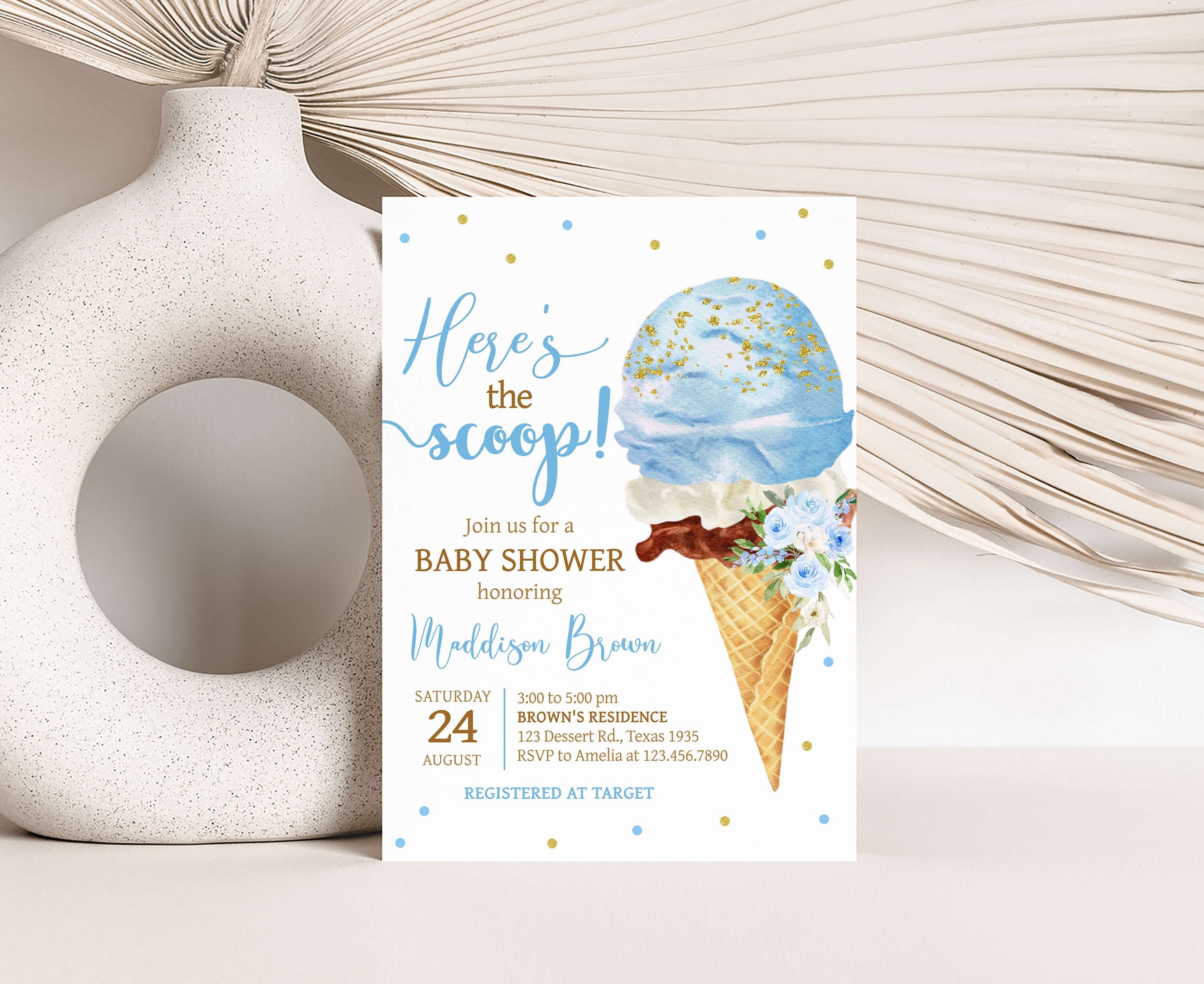Editable Blue Ice Cream Baby Shower Invitation, Here's the Scoop Baby ...