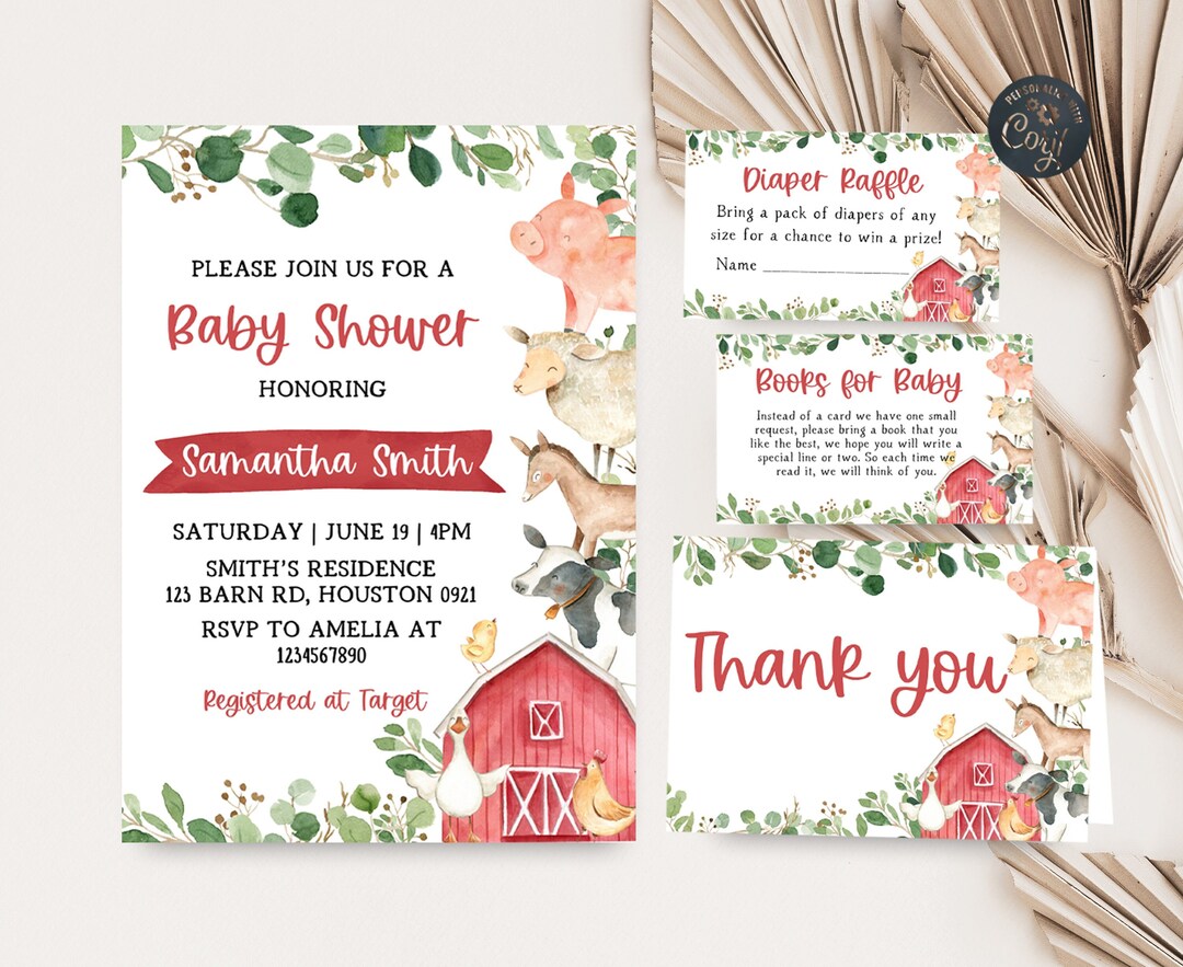 Editable Farm Baby Shower Invitation, Farm Animals Baby Shower, Boy ...