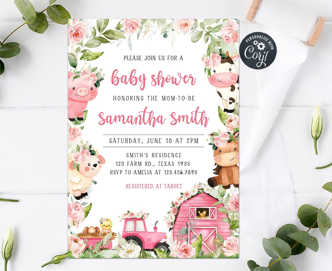 Editable Farm Baby Shower Invitation Floral Pink Barnyard Baby Shower ...