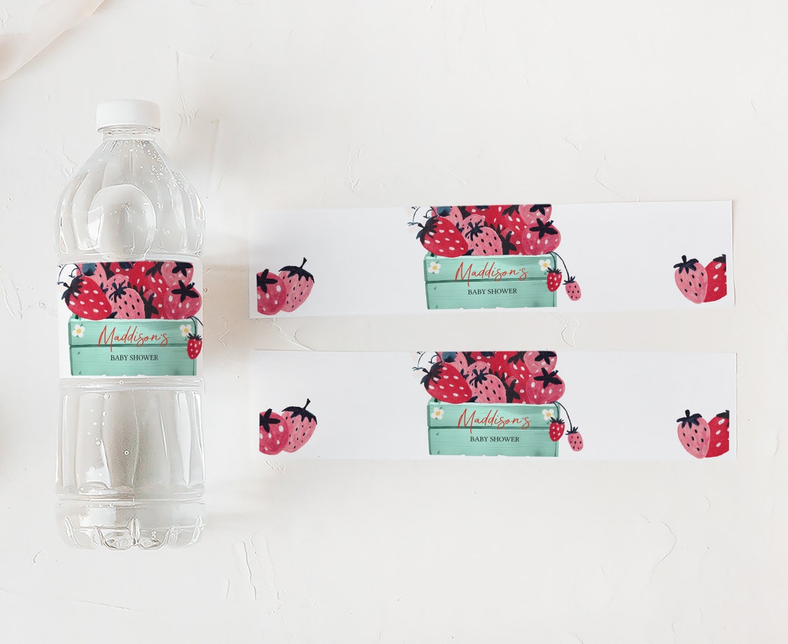 Editable Strawberry Baby Shower Bottle Label, Berry Sweet on the Way ...