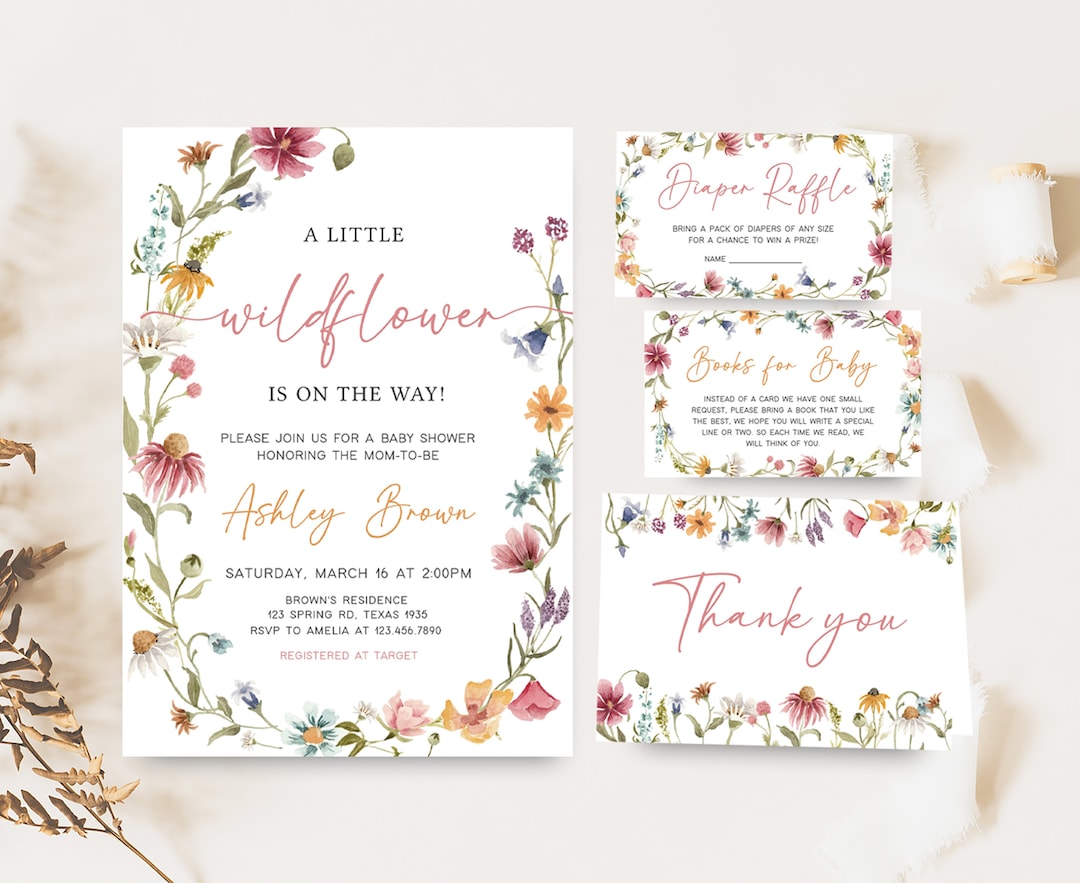 Editable Wildflower Baby Shower Invitation Bundle, Floral Boho Baby ...