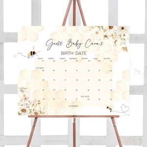 Editable Bee Baby Shower Due Date Calendar, Gender Neutral Honey Bee ...