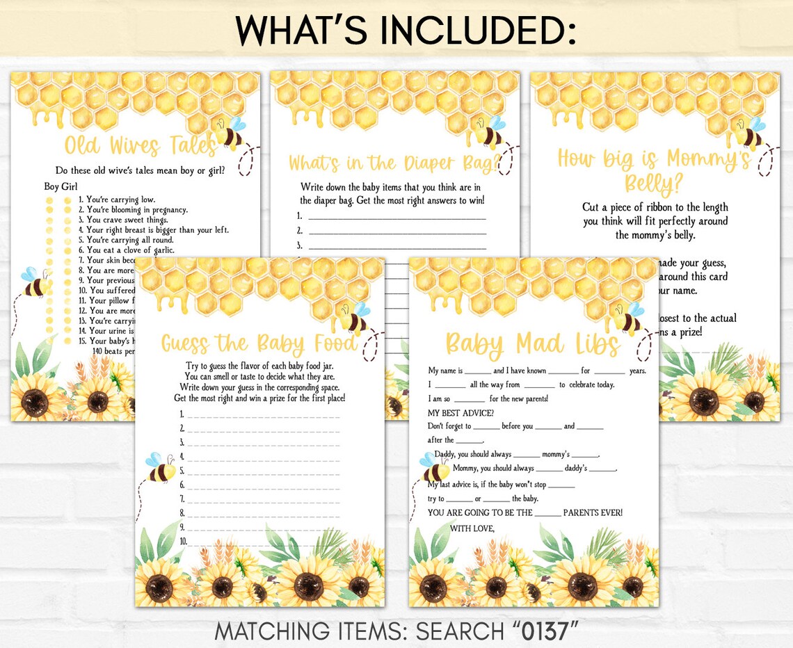 Bee Baby Shower Games Honey Bee Games Pack Printable Baby - Etsy