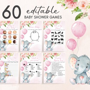 Editable Blush Pink Elephant Baby Shower Games Bundle Girl Baby ...