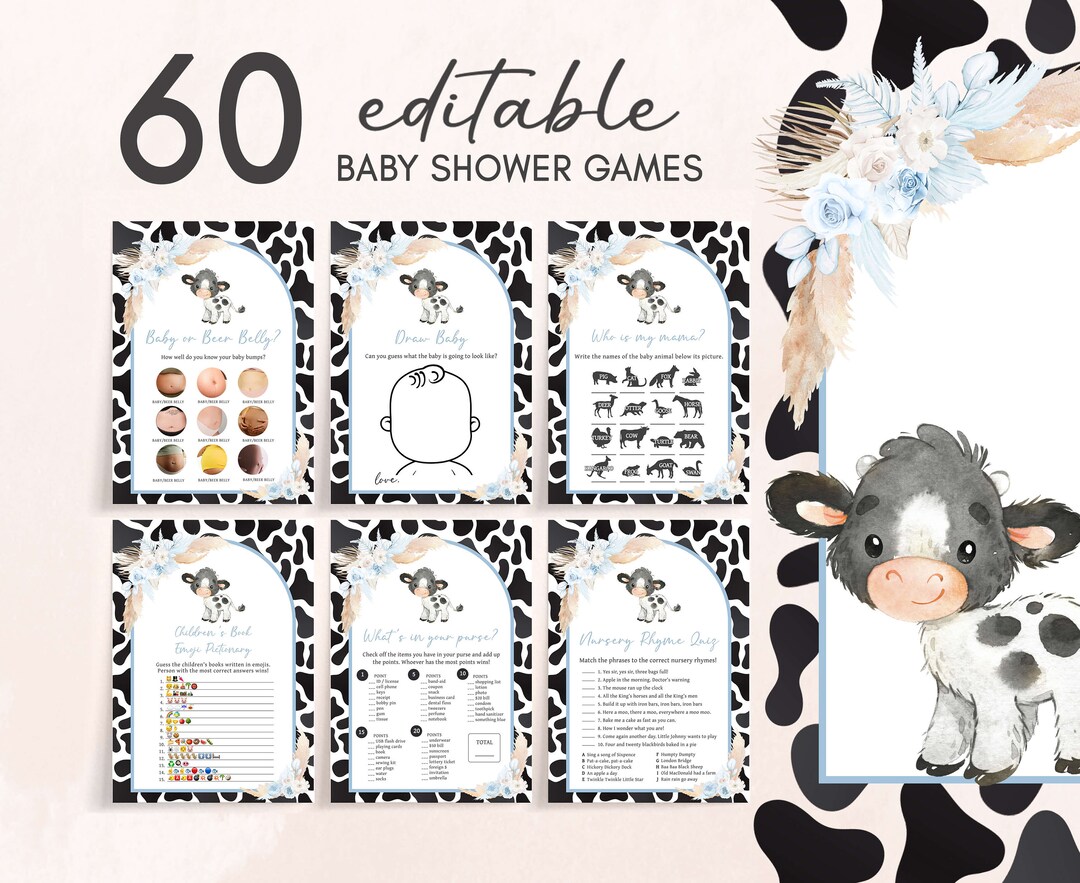 Editable Boy Holy Cow Baby Shower Games Bundle, Blue Highland Cow Baby ...