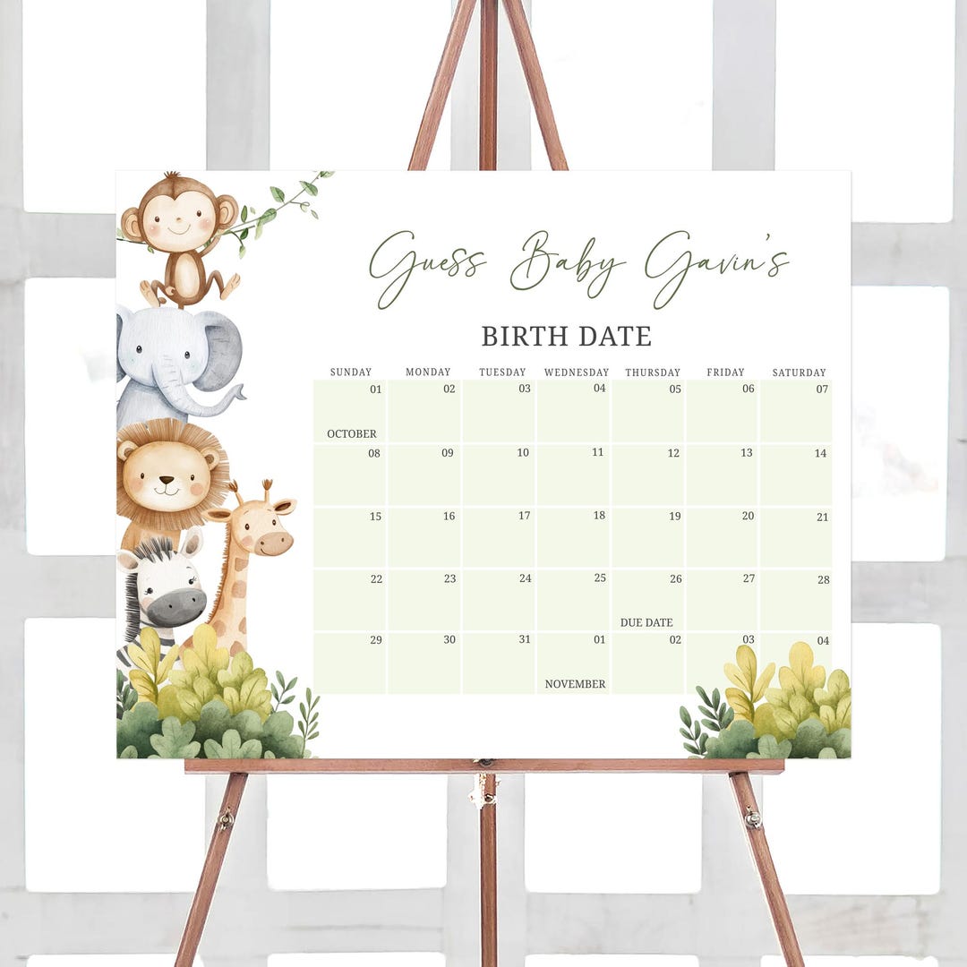 Editable Oh Baby Safari Baby Shower Due Date Calendar, Minimalist Baby ...