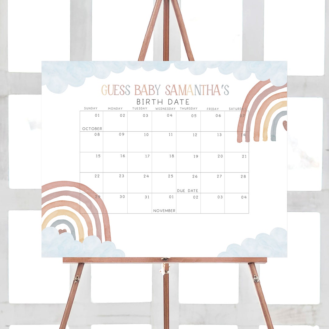 Editable Rainbow Baby Shower Calendar, Boho Baby Shower Due Date ...