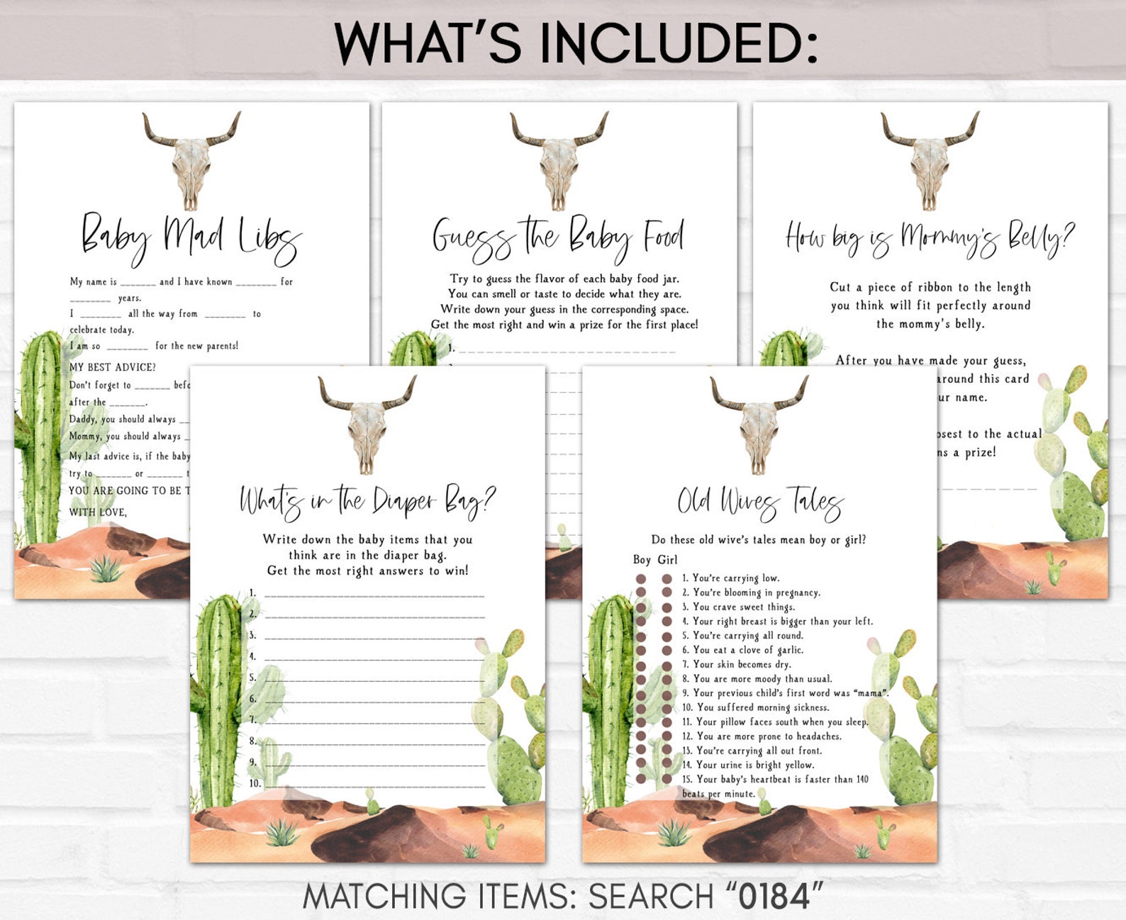 Bull Skull Baby Shower Game Bundle Southwestern Cactus Baby - Etsy