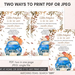 Editable Blue Fall Pumpkin Truck Baby Shower Invitation Bundle, Boy ...