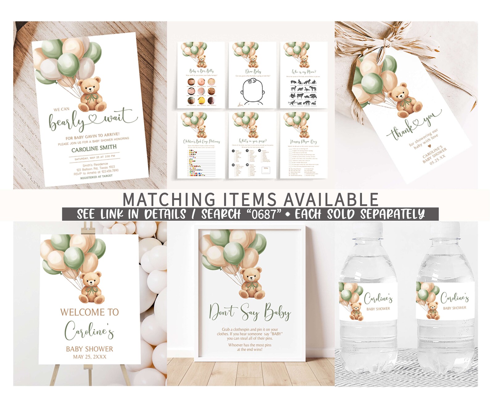 Editable Gender Neutral Bear Baby Shower Due Date Calendar, Sage Green ...