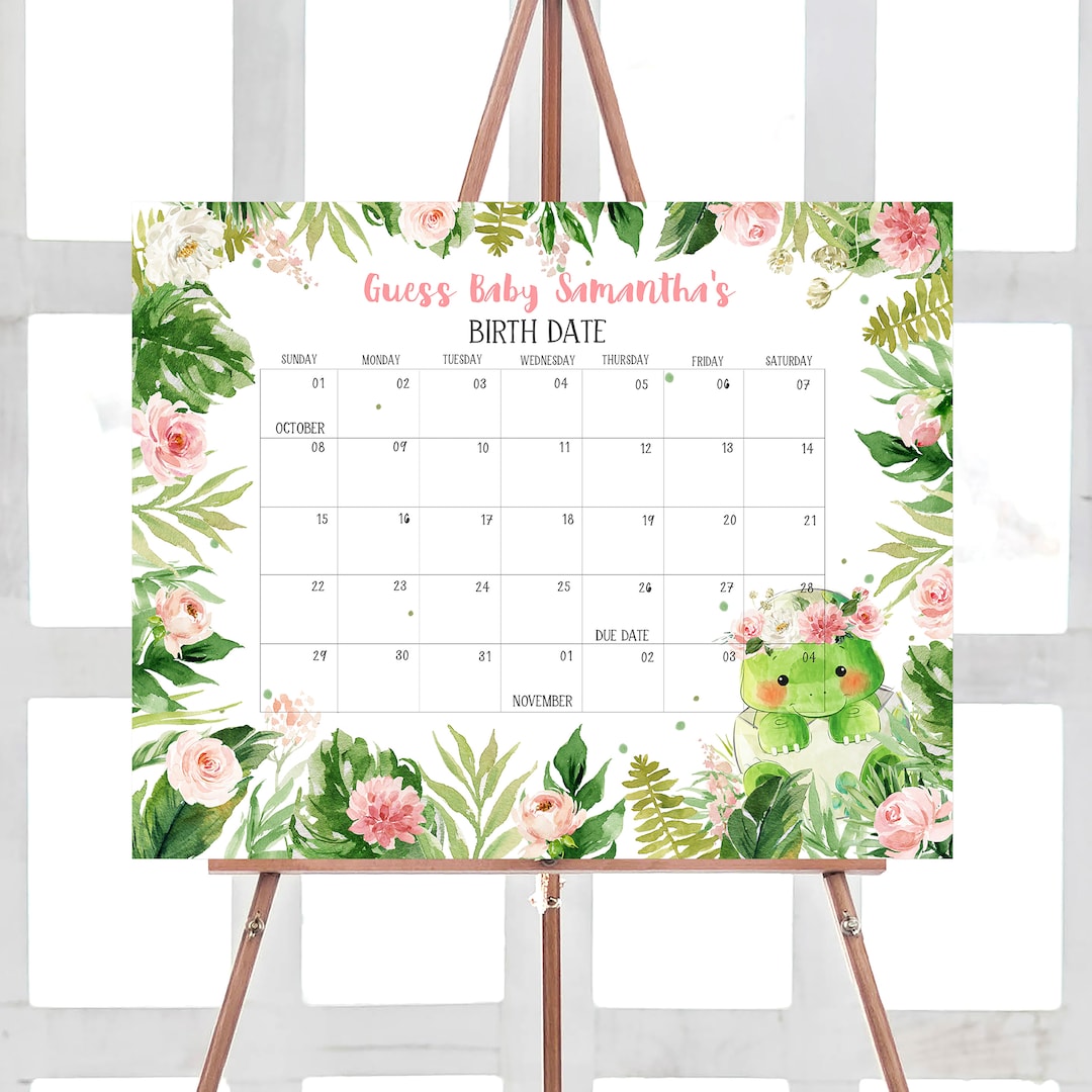 Editable Girl Dinosaur Baby Shower Due Date Calendar, Pink Floral Dino ...