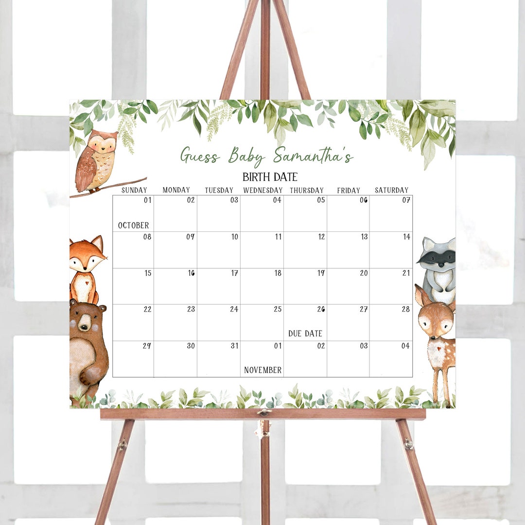Editable Woodland Baby Shower Due Date Calendar, Greenery Woodland ...