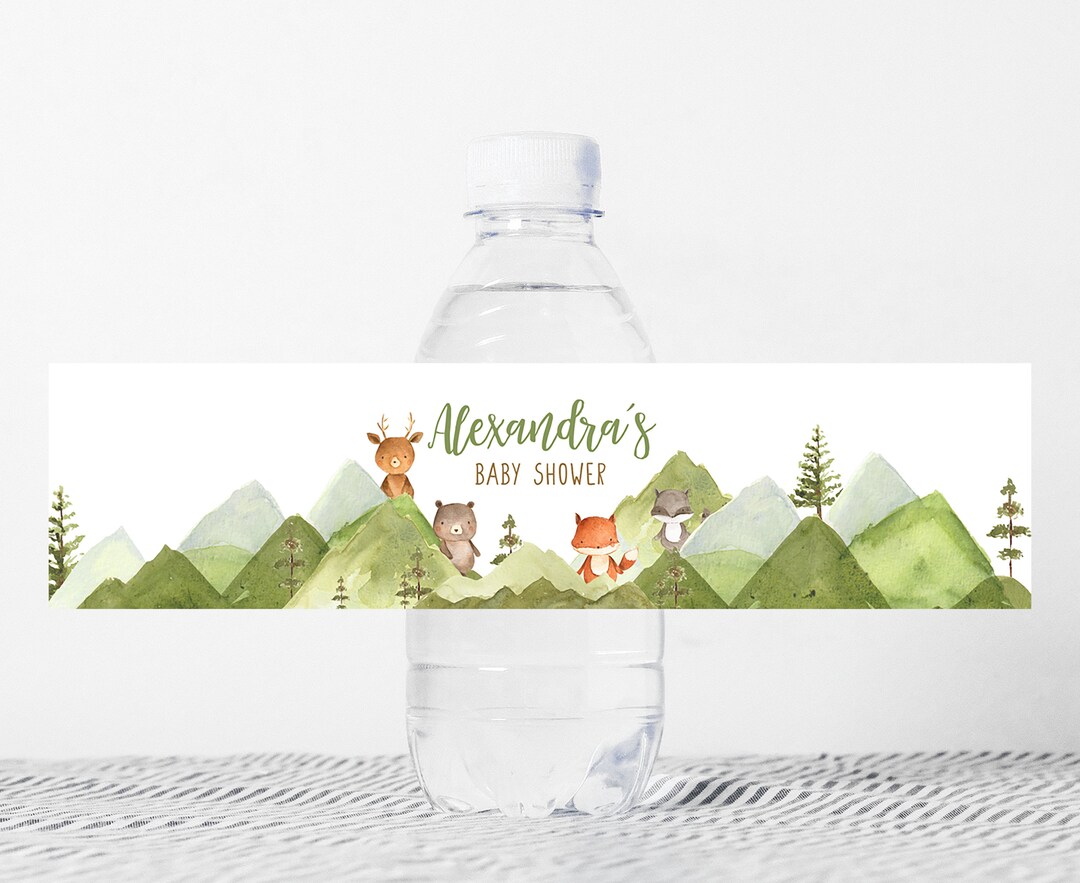 Editable Adventure Awaits Baby Shower Bottle Label, Woodland Baby ...
