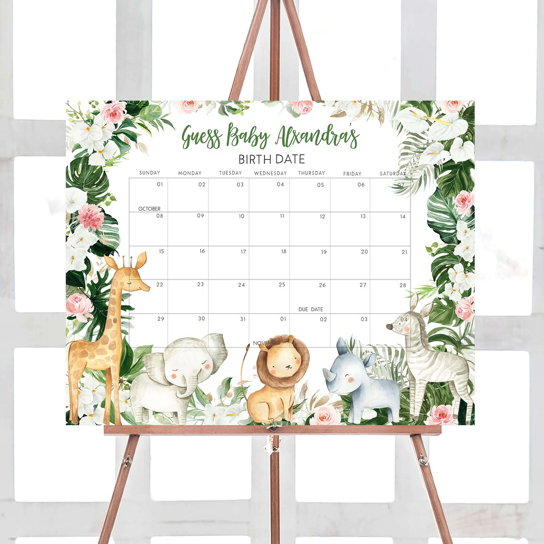 Editable Greenery Safari Baby Shower Due Date Calendar, Floral Jungle ...