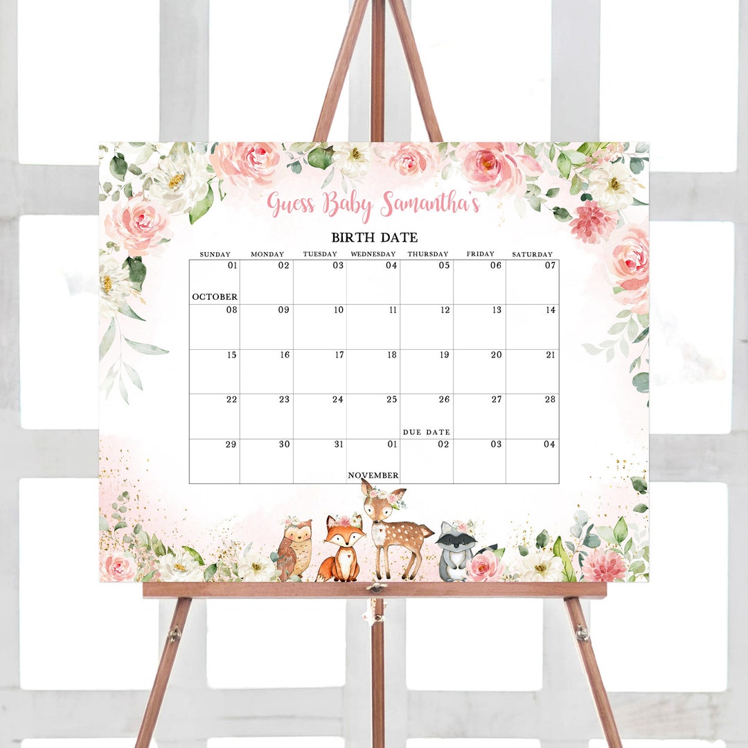 Editable Girl Woodland Baby Shower Due Date Calendar, Pink Floral ...