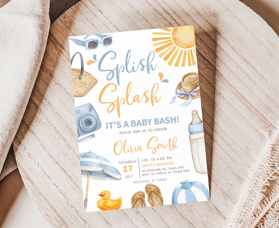 Editable Boy Splish Splash Baby Shower Invitation, Blue Beach Summer ...