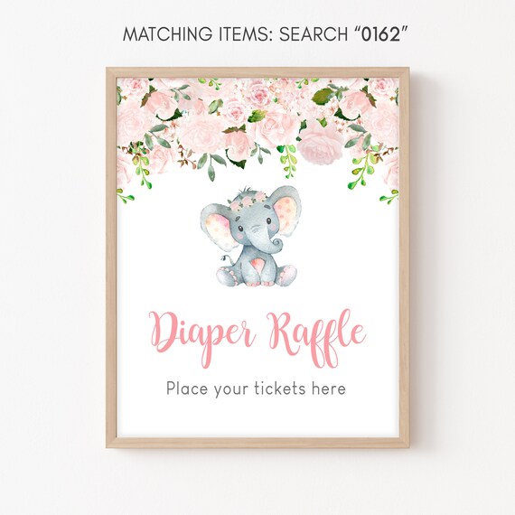 Diaper Raffle Pink Elephant Baby Shower Sign Blush Floral - Etsy