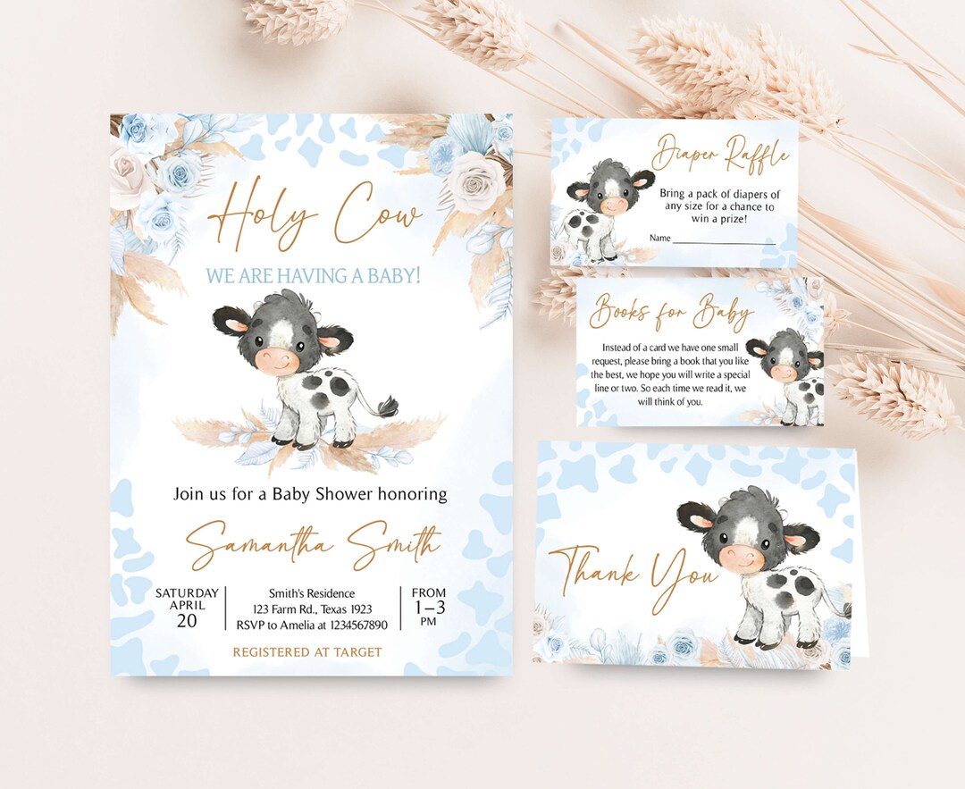 Editable Boy Highland Cow Baby Shower Invitation Bundle, Blue Holy Cow ...