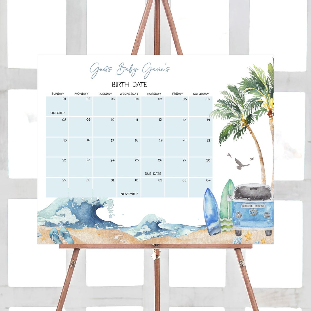 Editable Baby on Board Baby Shower Due Date Calendar, Surf Beach Baby ...