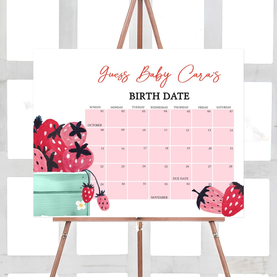 Editable Strawberry Baby Shower Due Date Calendar, Berry Sweet on the ...
