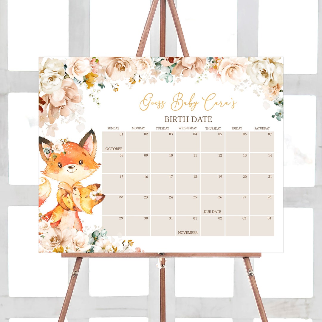 Editable Floral Fox Fall Baby Shower Due Date Calendar, Fox Woodland ...