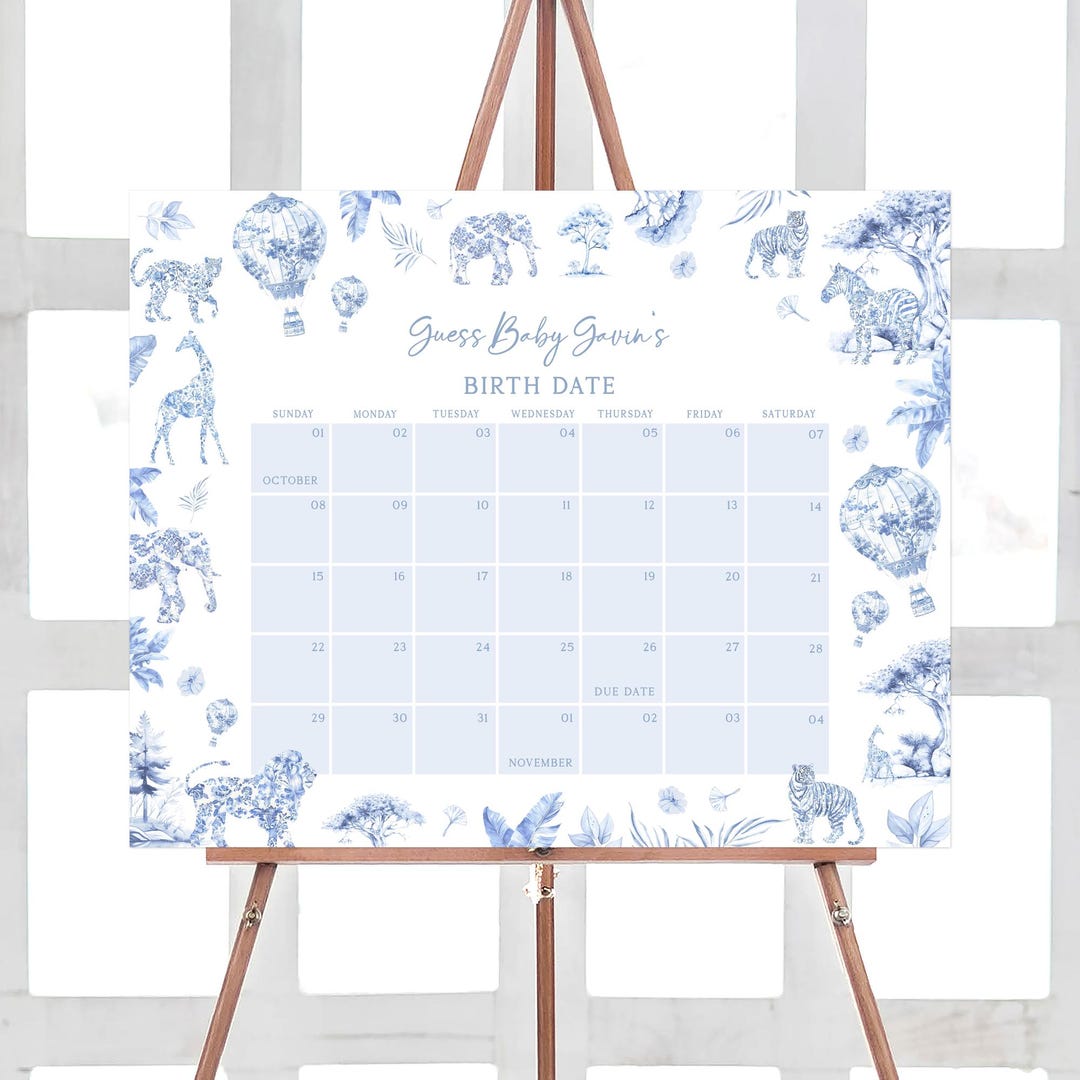 Editable Toile De Jouy Safari Baby Shower Due Date Calendar, Safari ...