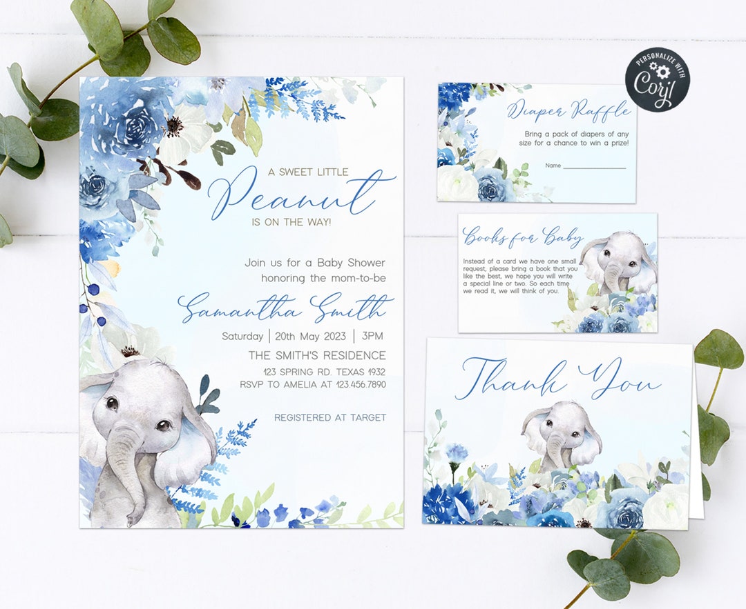 Editable Blue Elephant Baby Shower Invitation Set, Boy Baby Shower ...