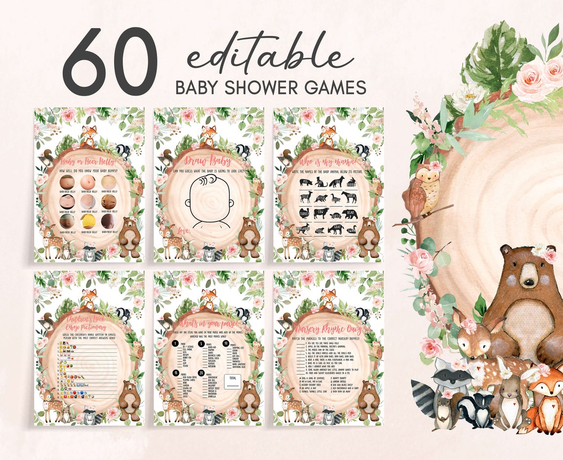 Editable Girl Woodland Baby Shower Games Bundle, Floral Forest Animals ...