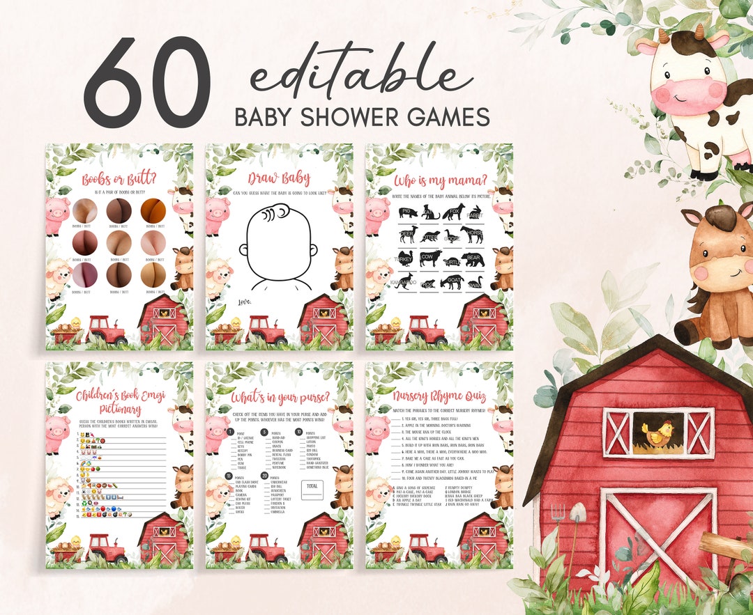 Editable Farm Baby Shower Games Bundle, Red Barnyard Baby Shower Game ...