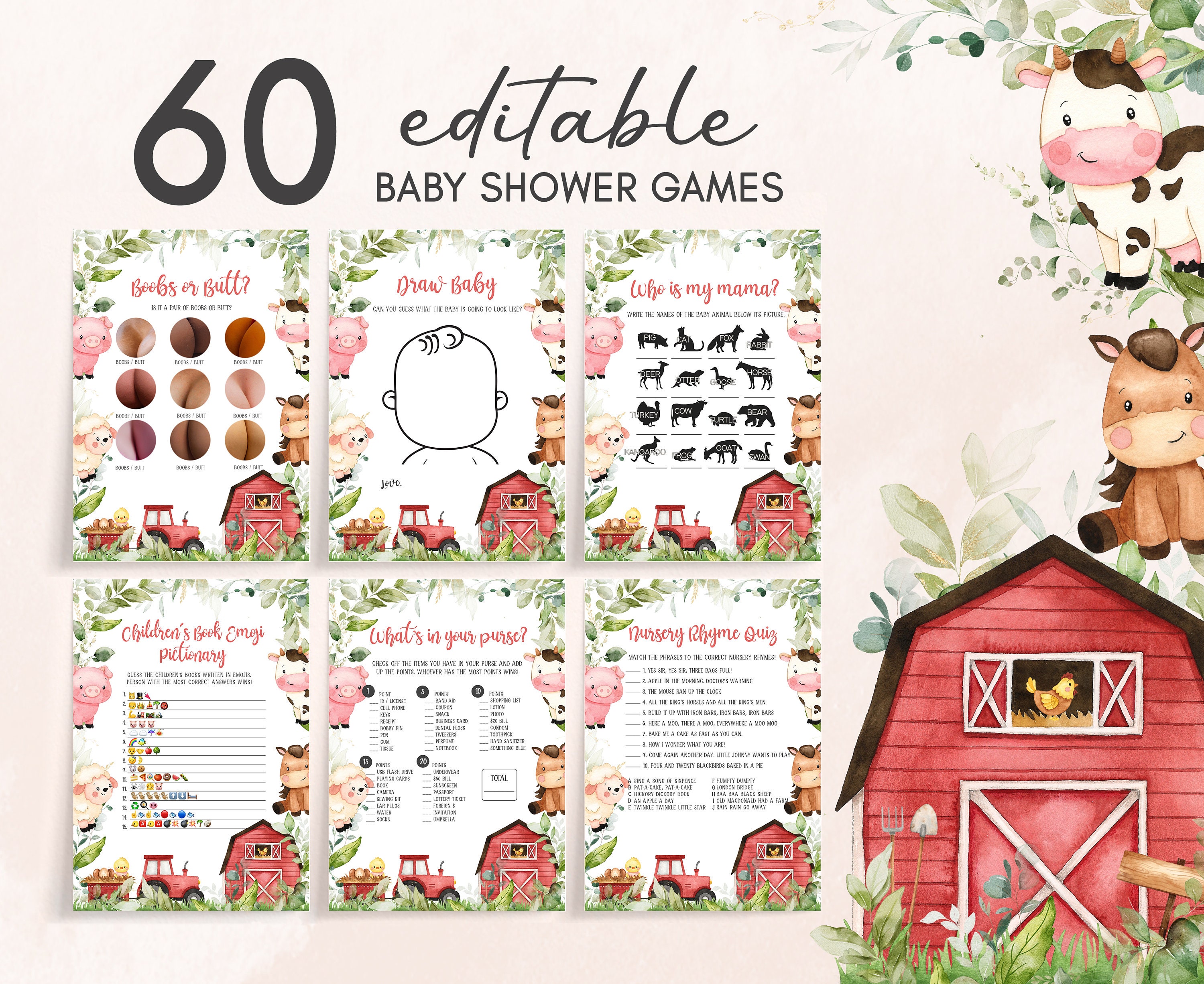 Editable Farm Baby Shower Games Bundle, Red Barnyard Baby Shower Game ...