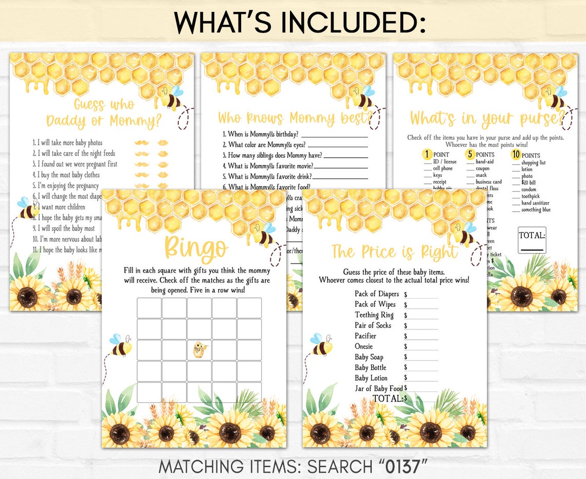 Bee Baby Shower Games Honey Bee Games Pack Printable Baby - Etsy
