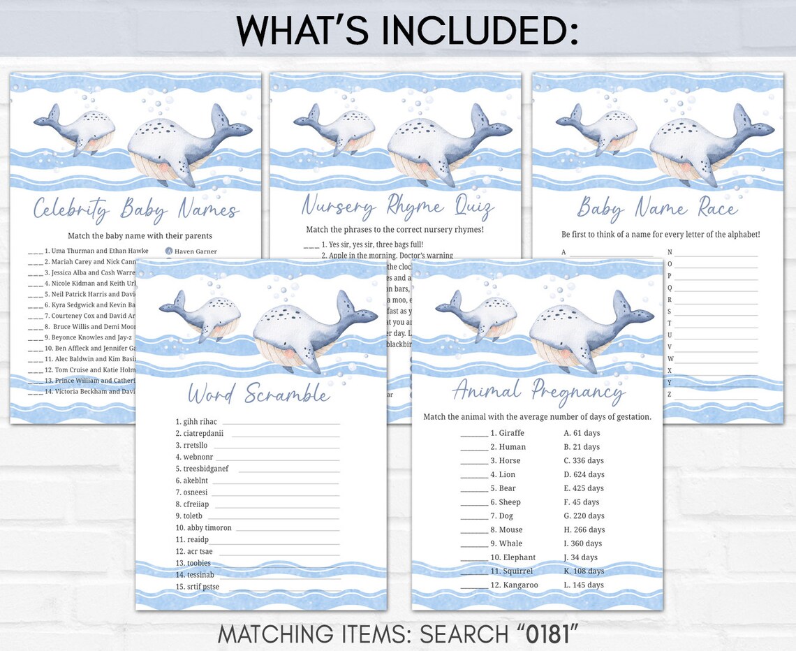 Whale Baby Shower Games Bundle Under the Sea Baby Shower | Etsy