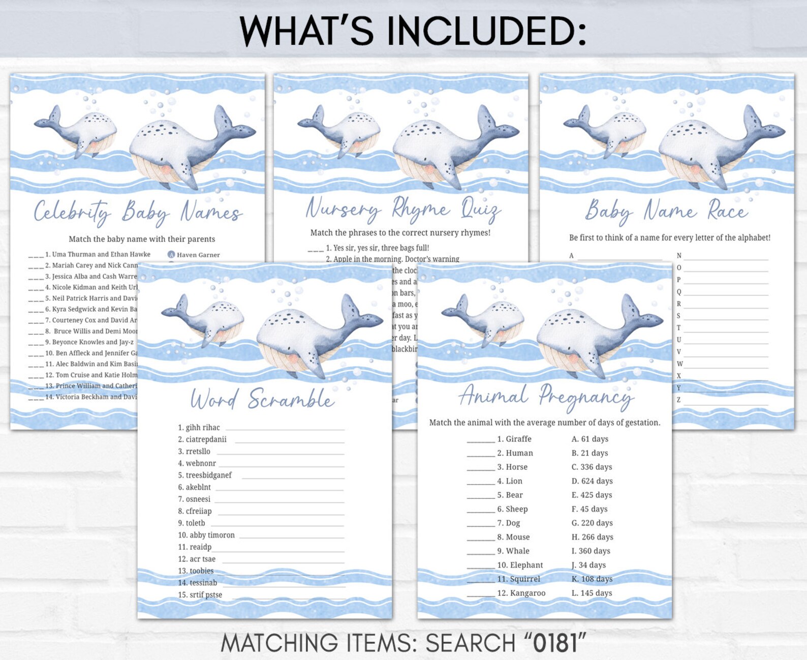 Whale Baby Shower Games Bundle Under the Sea Baby Shower | Etsy