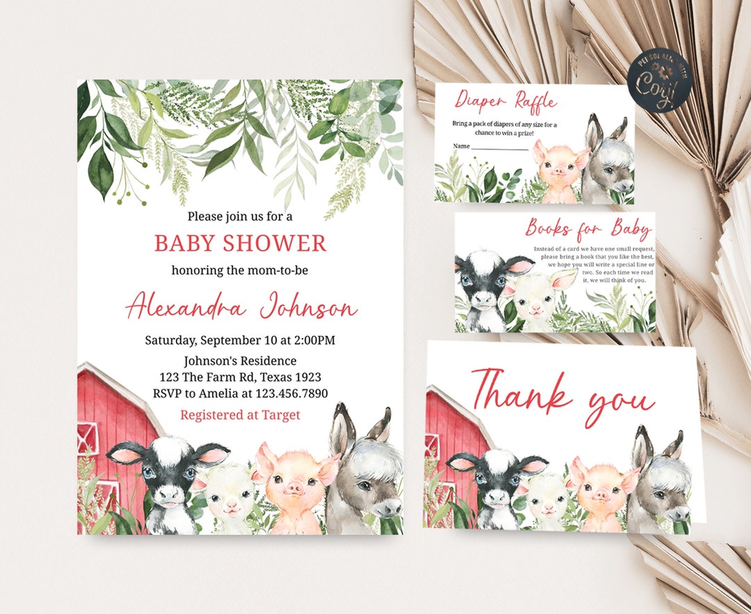 Editable Farm Baby Shower Invitation Set Farm Animals Baby Shower ...