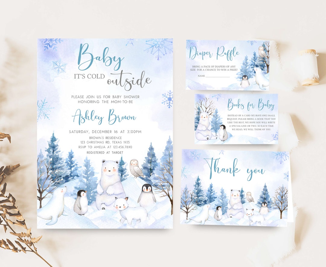 Editable Winter Arctic Animals Baby Shower Invitation Bundle, Blue Baby ...