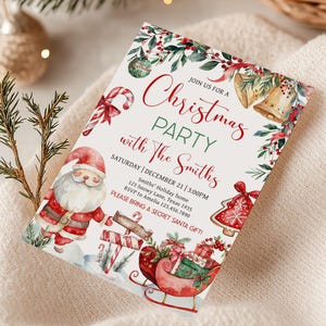 Editable Christmas Party Invitation, Santa Claus Invite, Gift Exchange Party Invite, Christmas ...