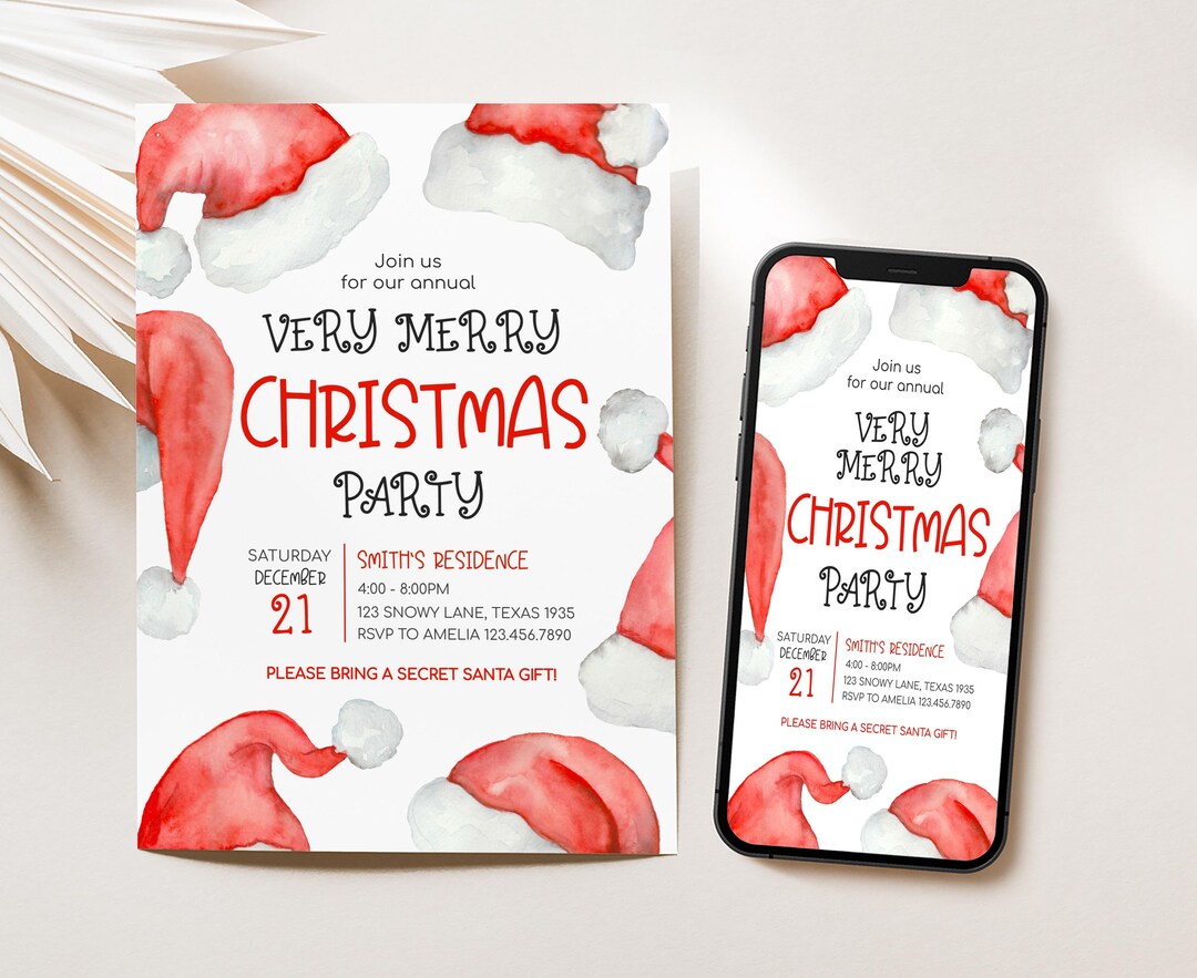 Editable Holiday Christmas Invitation, Christmas Party Santa Hat Invite ...