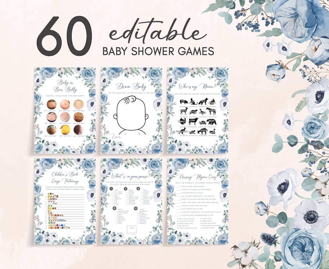 Editable Blue Baby in Bloom Baby Shower Games Bundle, Boy Spring ...