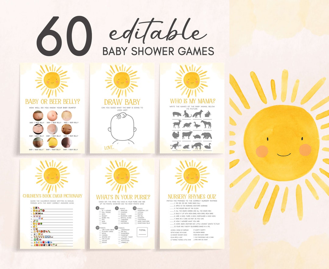 Editable Sunshine Baby Shower Games Bundle, Boho Sun Baby Shower Game ...