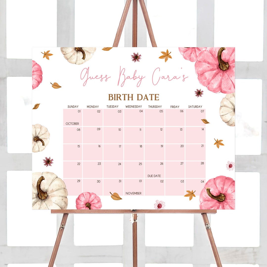 Editable Pink Pumpkin Baby Shower Due Date Calendar, Girl Fall Baby ...