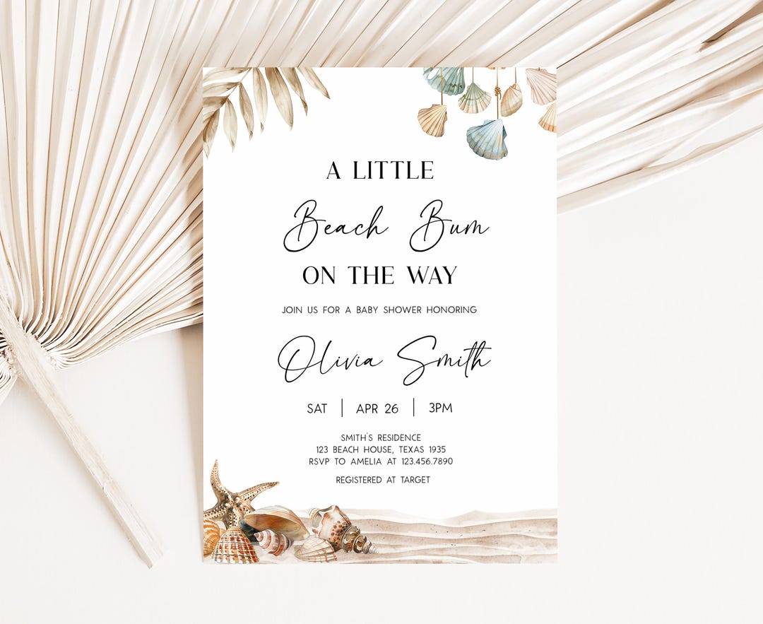 Editable Beach Baby Shower Invitation, Boho Seashell Summer Baby Shower ...