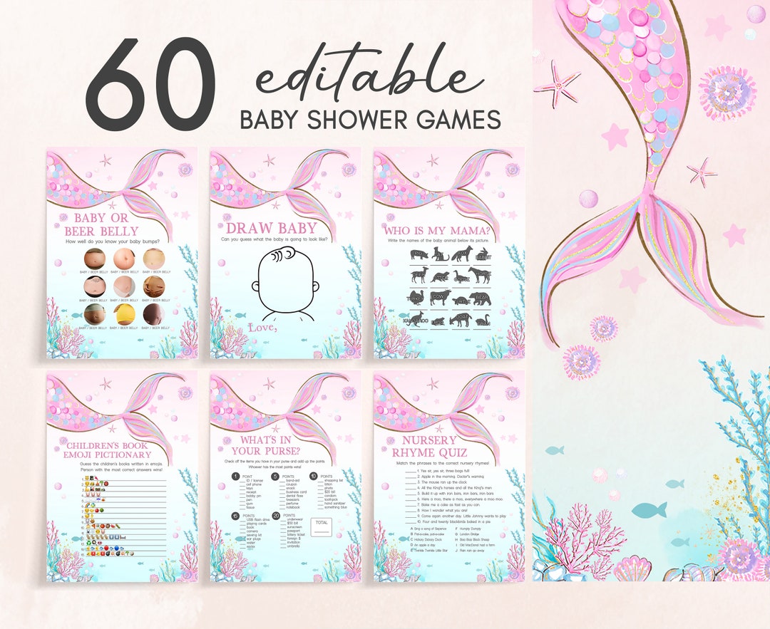 Editable Mermaid Baby Shower Games Bundle, Under the Sea Girl Baby ...