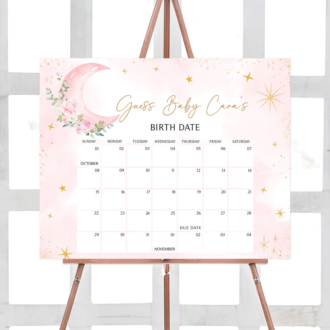 Editable Pink Moon and Stars Baby Shower Due Date Calendar, We Are Over ...