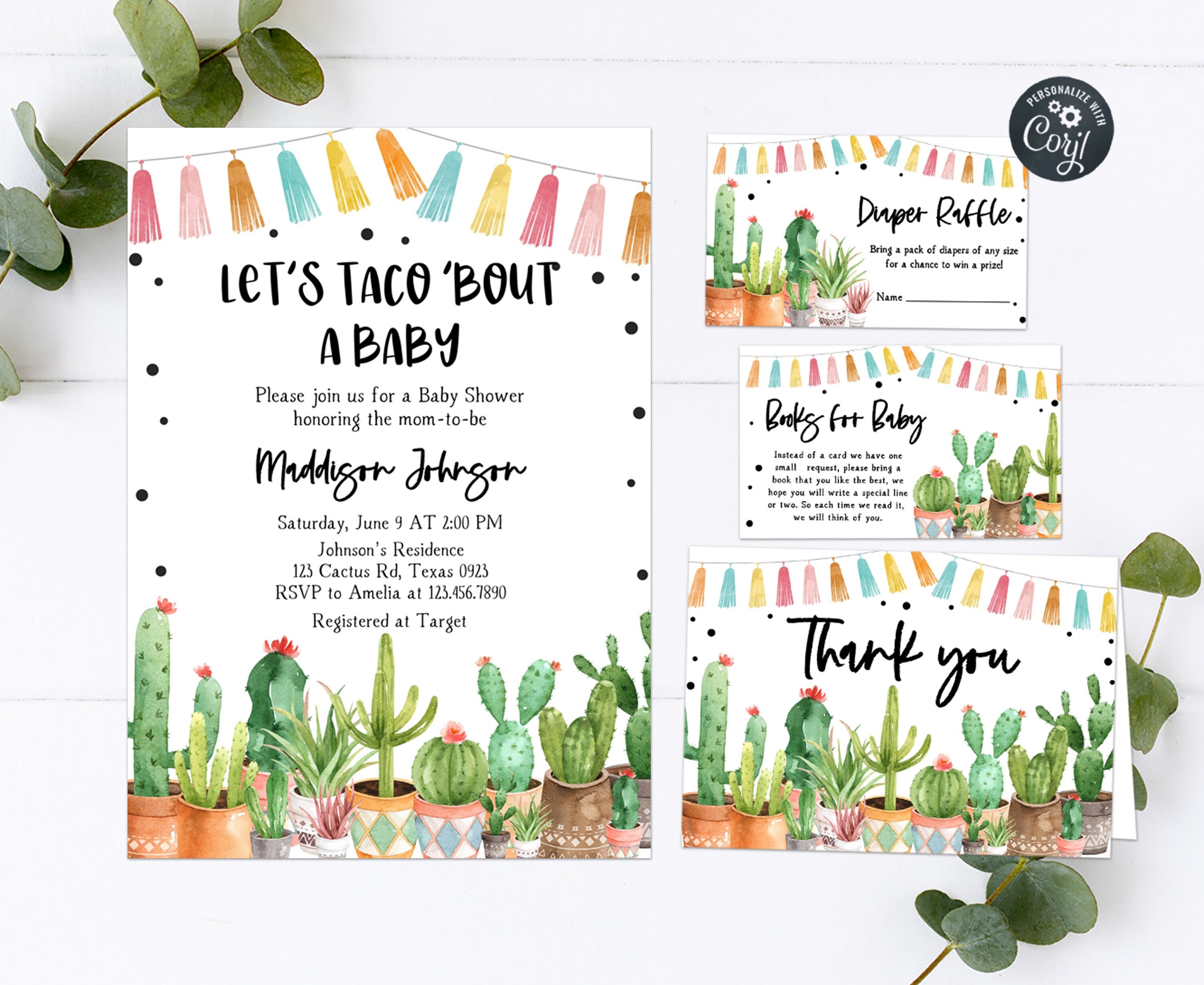 Editable Fiesta Cactus Baby Shower Invitation Set Taco Bout | Etsy