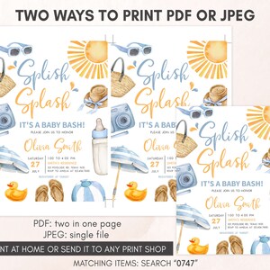 Editable Boy Splish Splash Baby Shower Invitation Bundle, Blue Beach ...