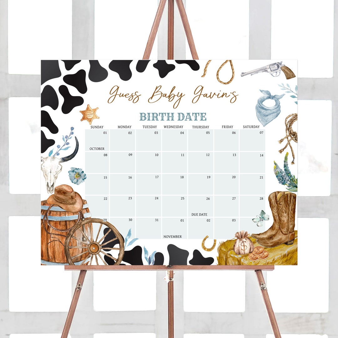 Editable Cowboy Baby Shower Due Date Calendar, Rodeo Baby Shower ...