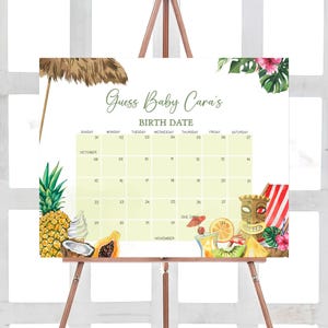 Editable Aloha Baby Shower Due Date Calendar, Girl Hawaiian Luau ...